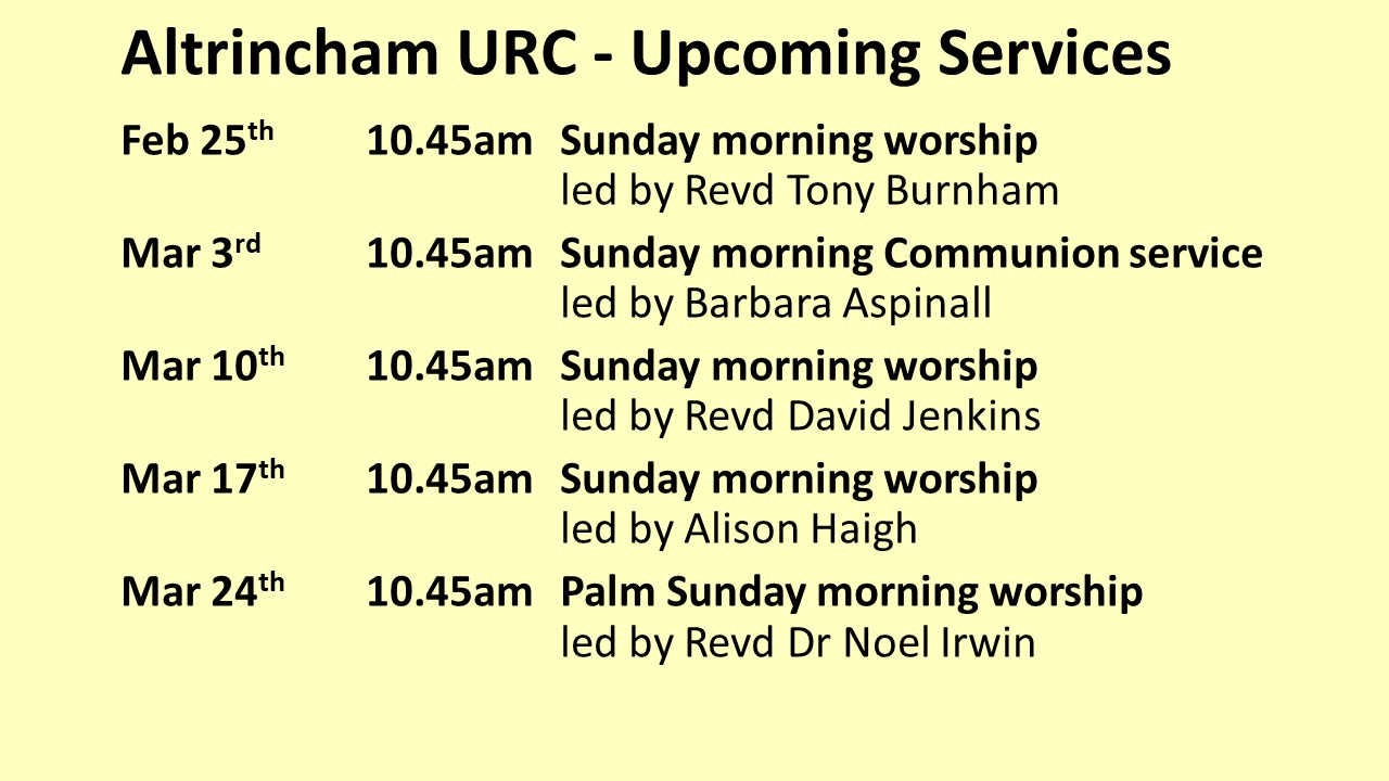 Upcoming Services - Altrincham United Reformed Church